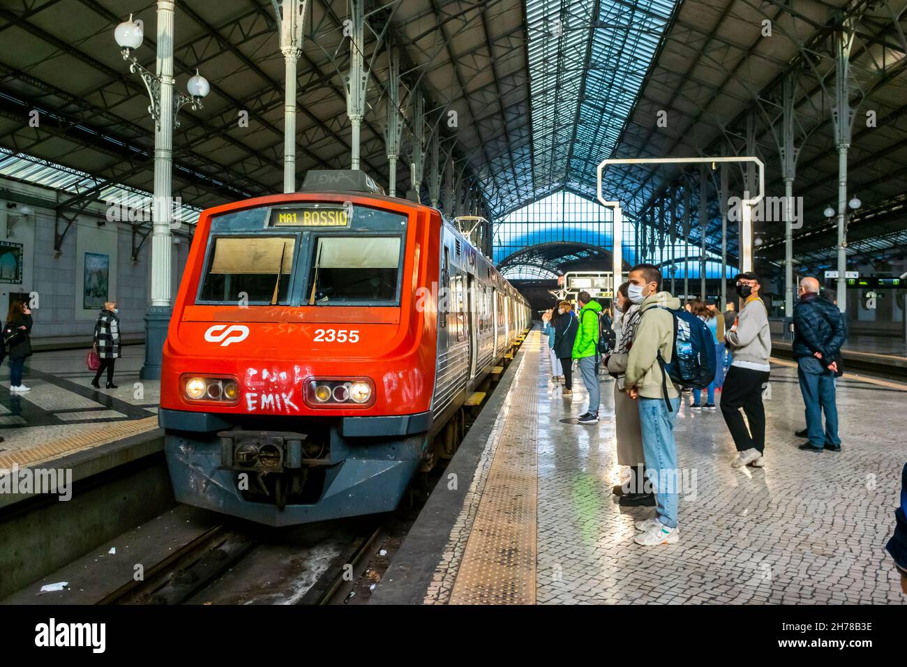Lisbon, Portugal, Large CROWD People Traveling, inside, Rossio Central ...