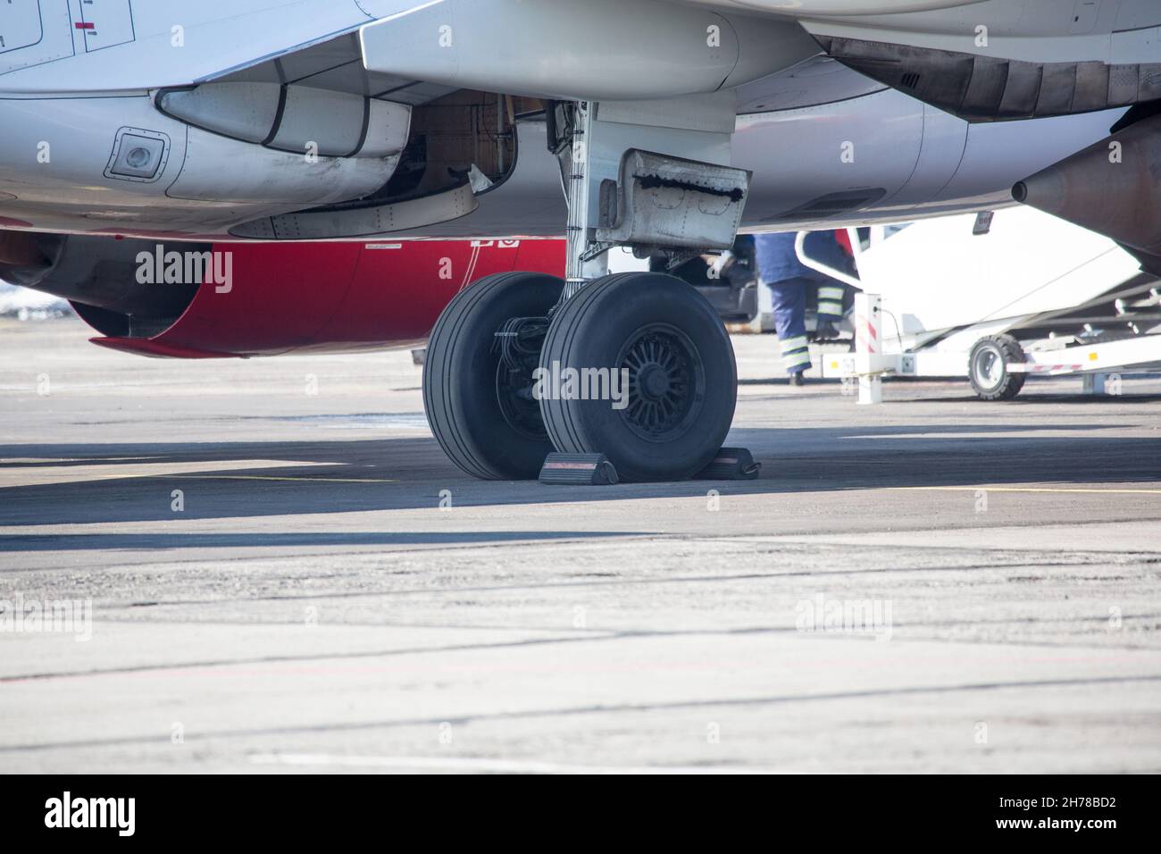 chassis airplane close-up in winter in snow. Close-up of chassis of ...