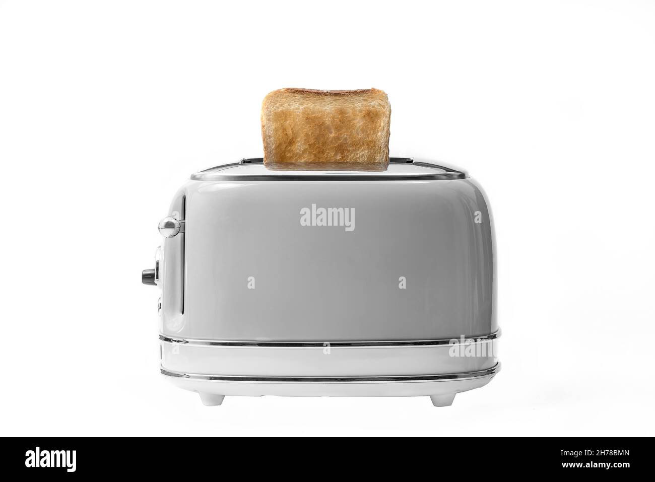 Retro toaster and toasted slices of bread isolated on white background ...