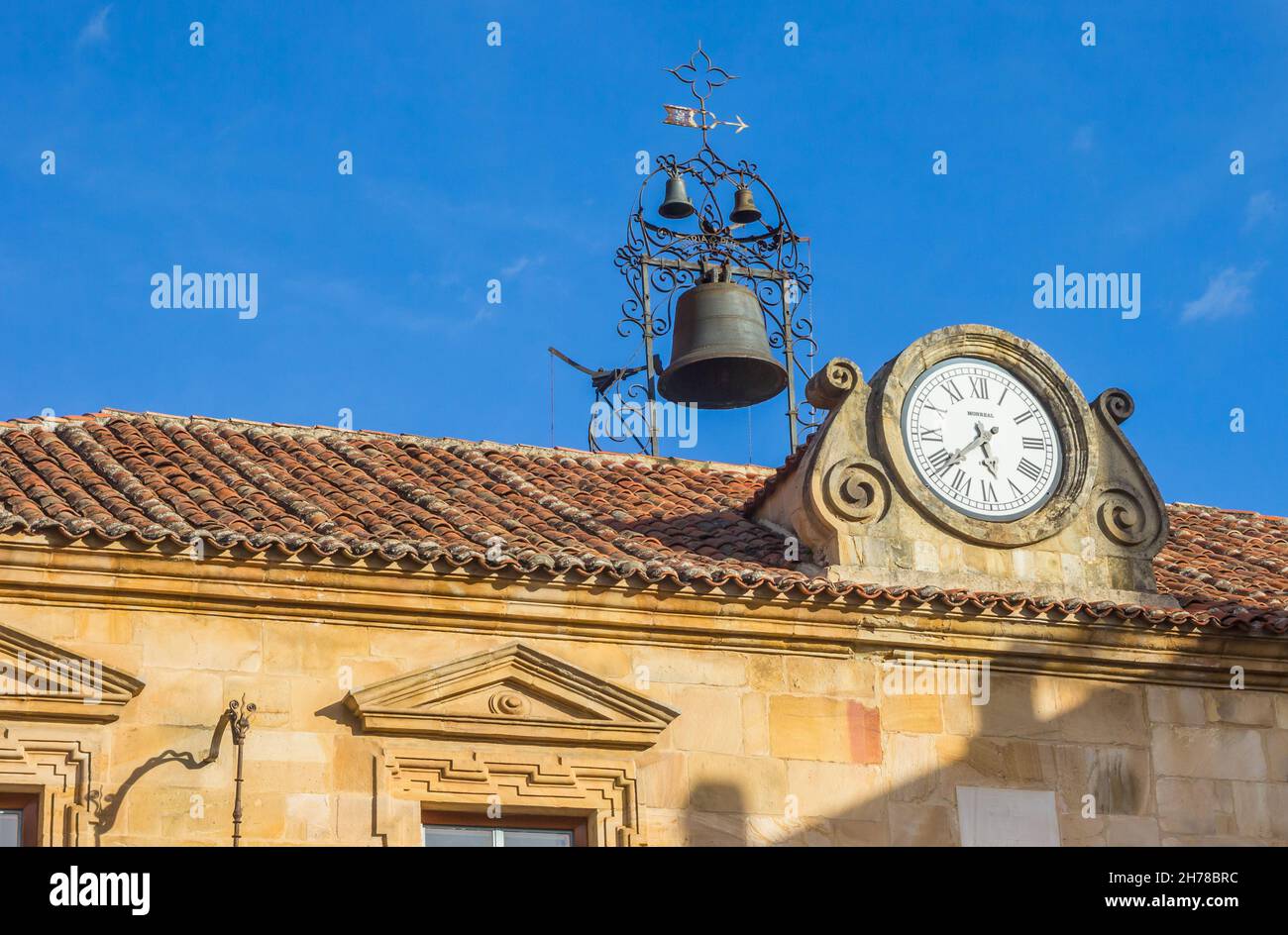 Clock and bell on the roof of the cultural center in Soria, Spain Stock ...