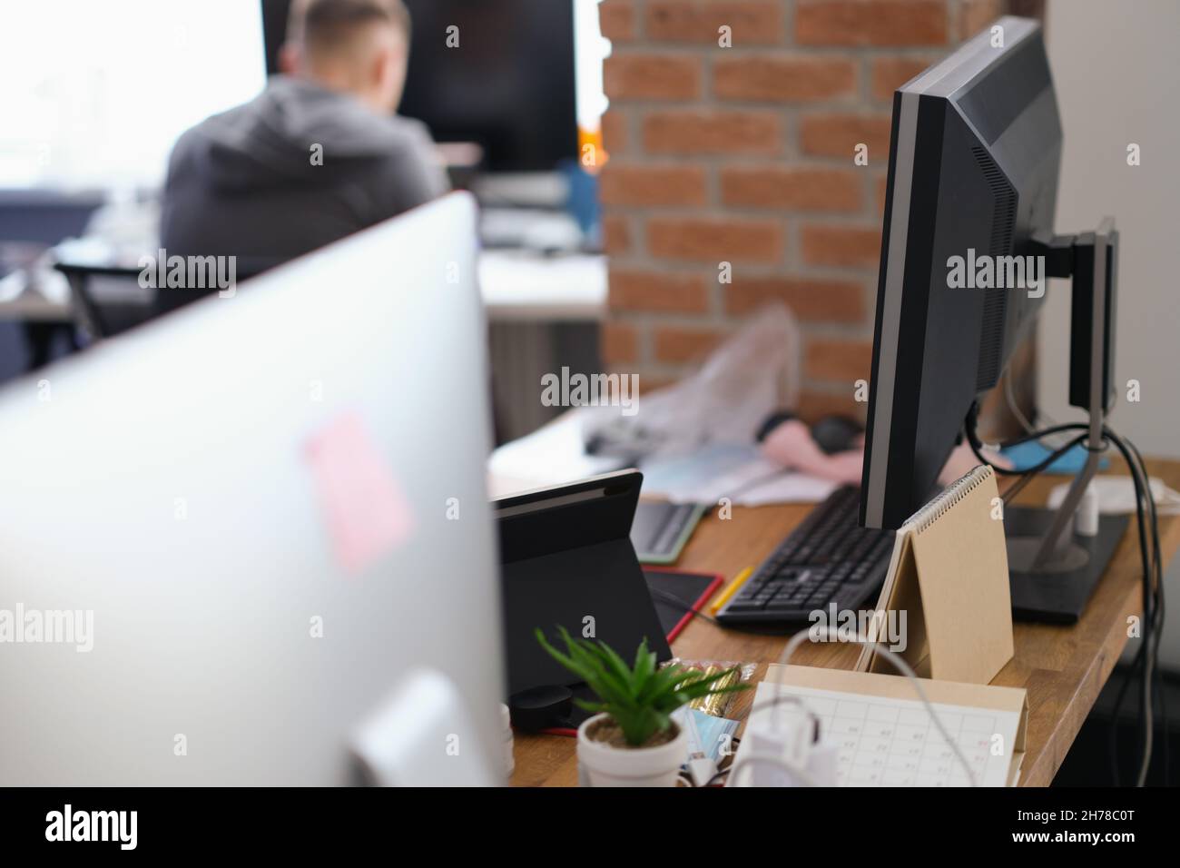 Modern workplace of office workers with computer Stock Photo - Alamy