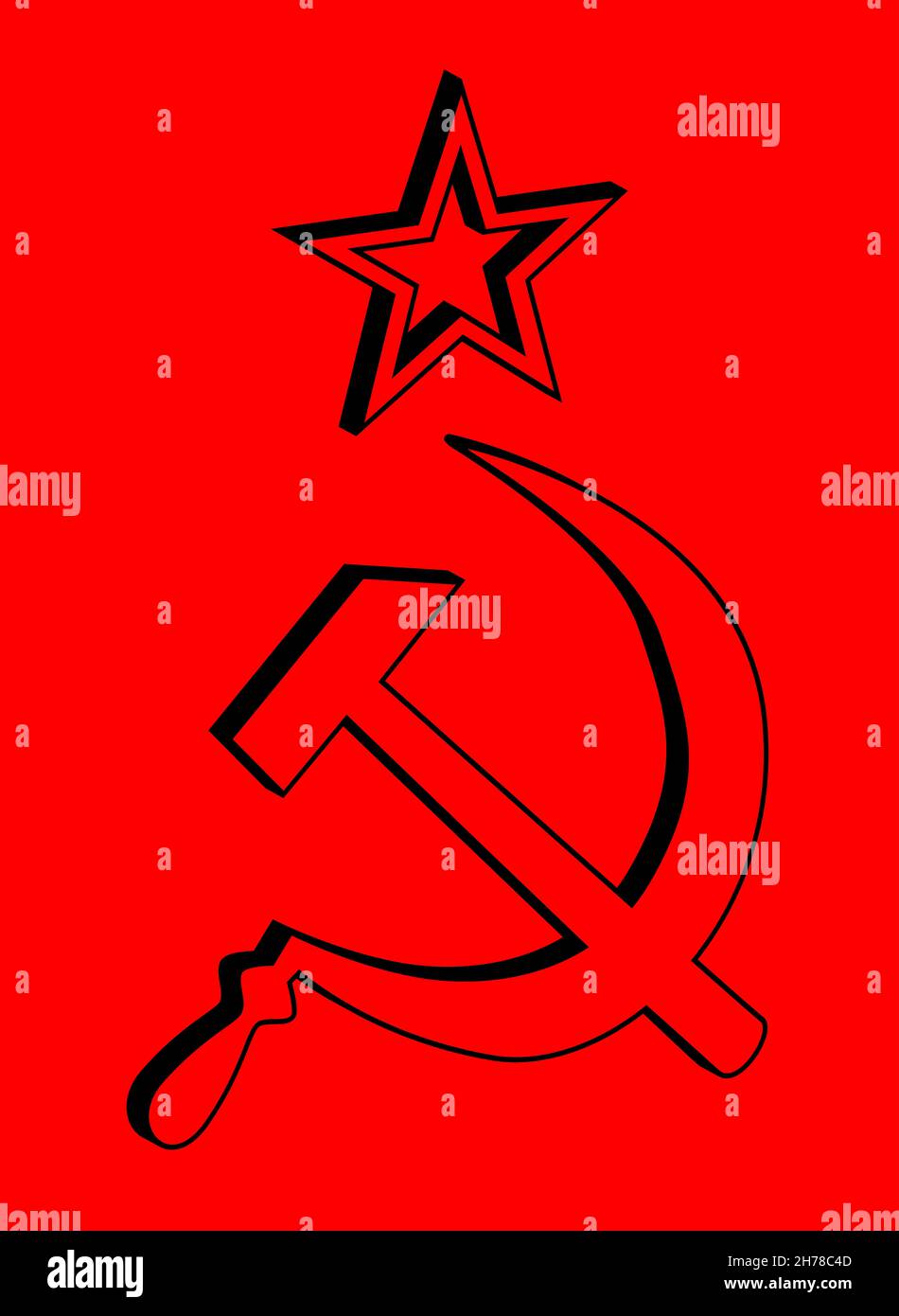 Hammer and Sickle in red and black3D silhouette set on a red background ...