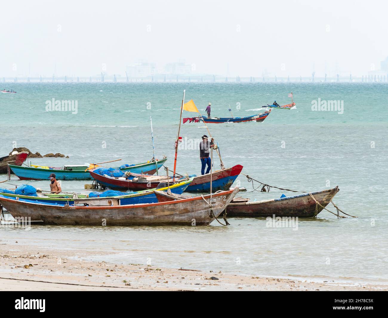 Small fishing boats moored at Pala Beach, Ban Chang in the Rayong ...
