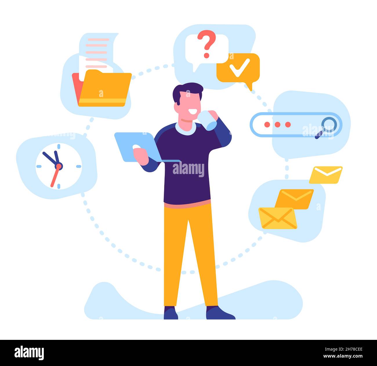 Multitasking man. Hard work male performs several tasks. Keep ...