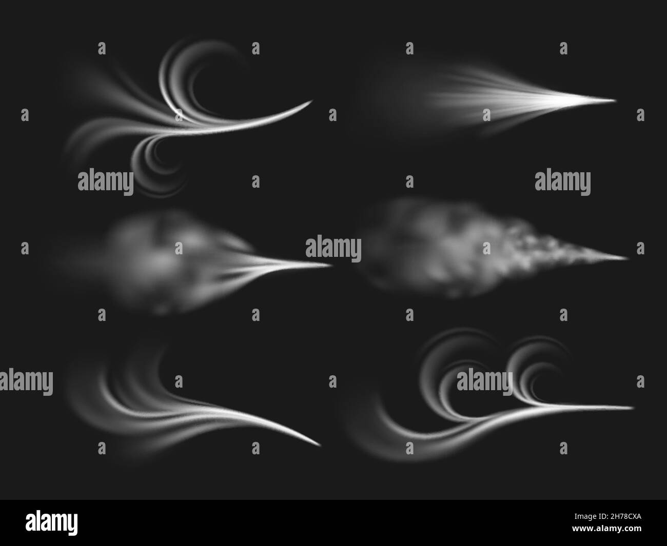 Wind air streams. Realistic flows mist different shapes, smoke plumes ...