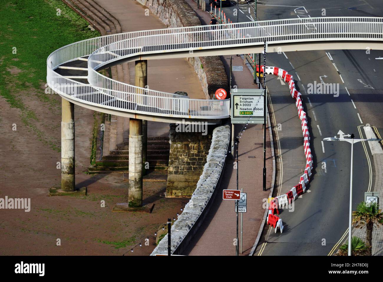 Spiral footbridge across the seafront road at Torquay, South Devon ...