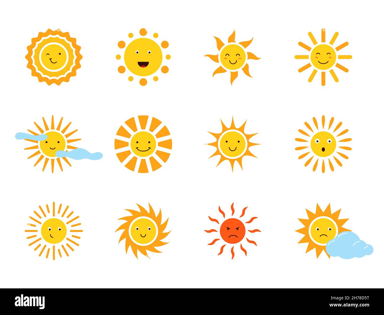 Sun characters. Different emotions cartoon cute sunshine faces, funny ...