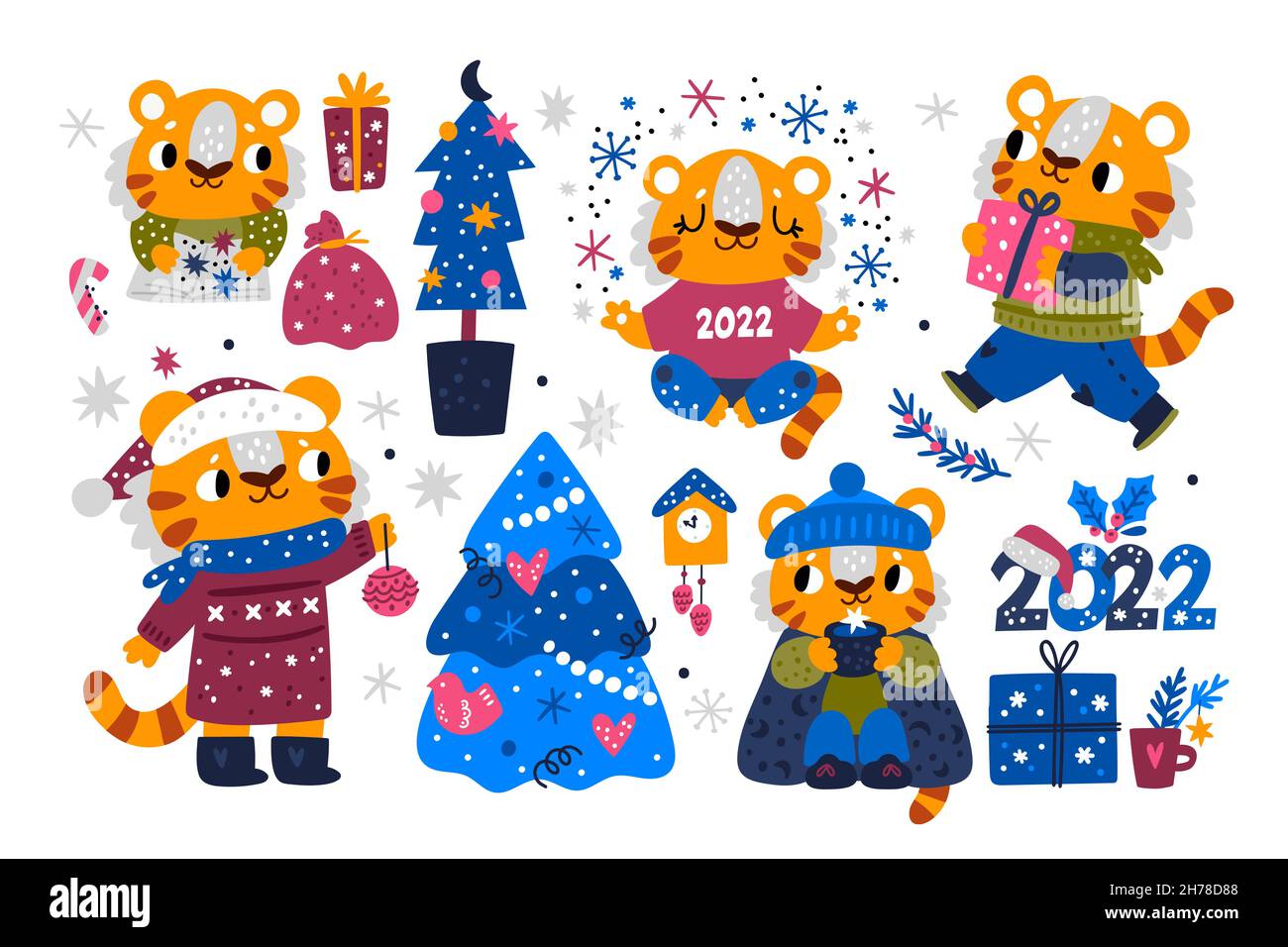Cute 2022 New Year tigers. Animals zodiac characters. Funny little ...