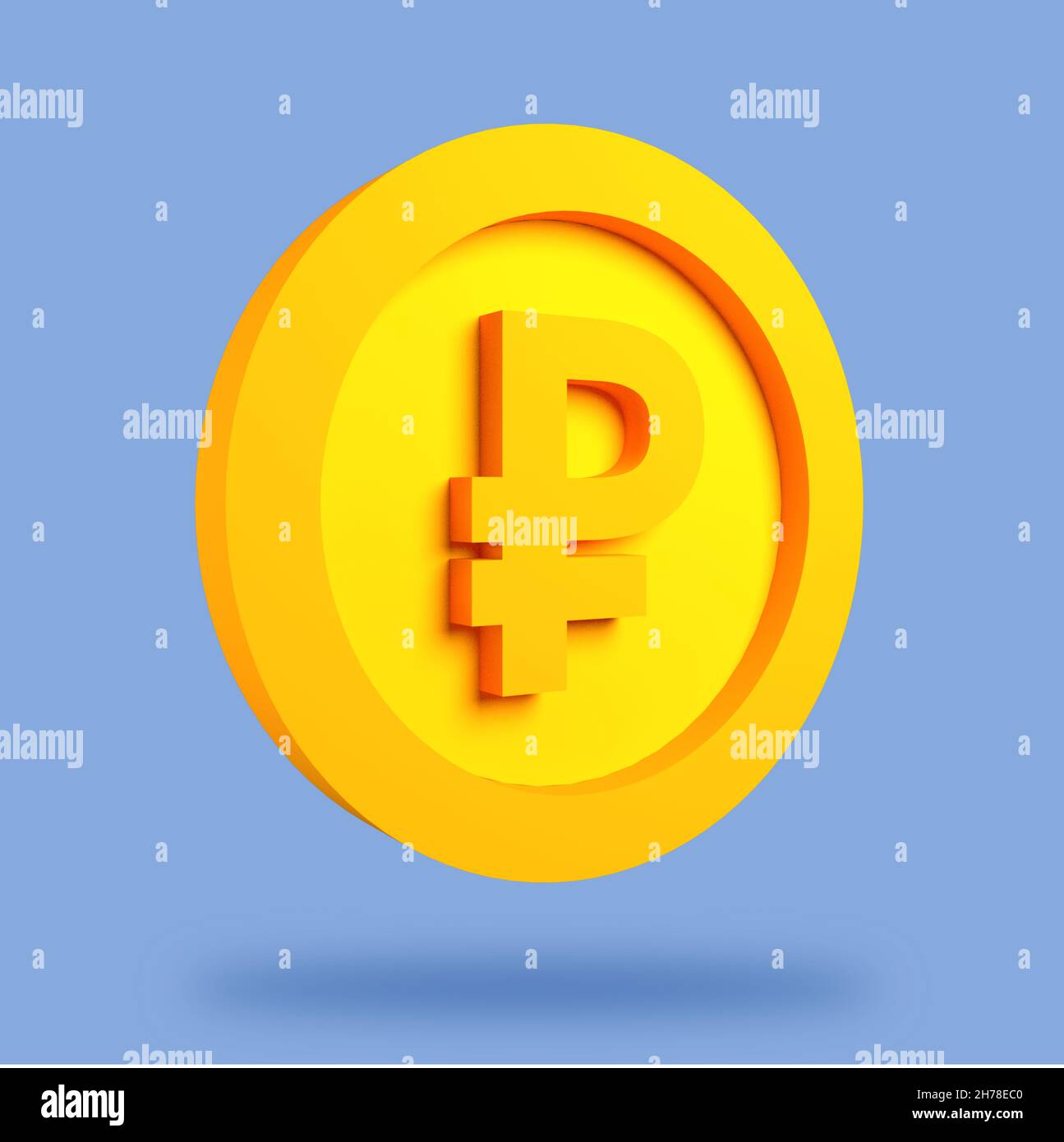 A 3d golden penny with Russian ruble signs on it on a light blue ...