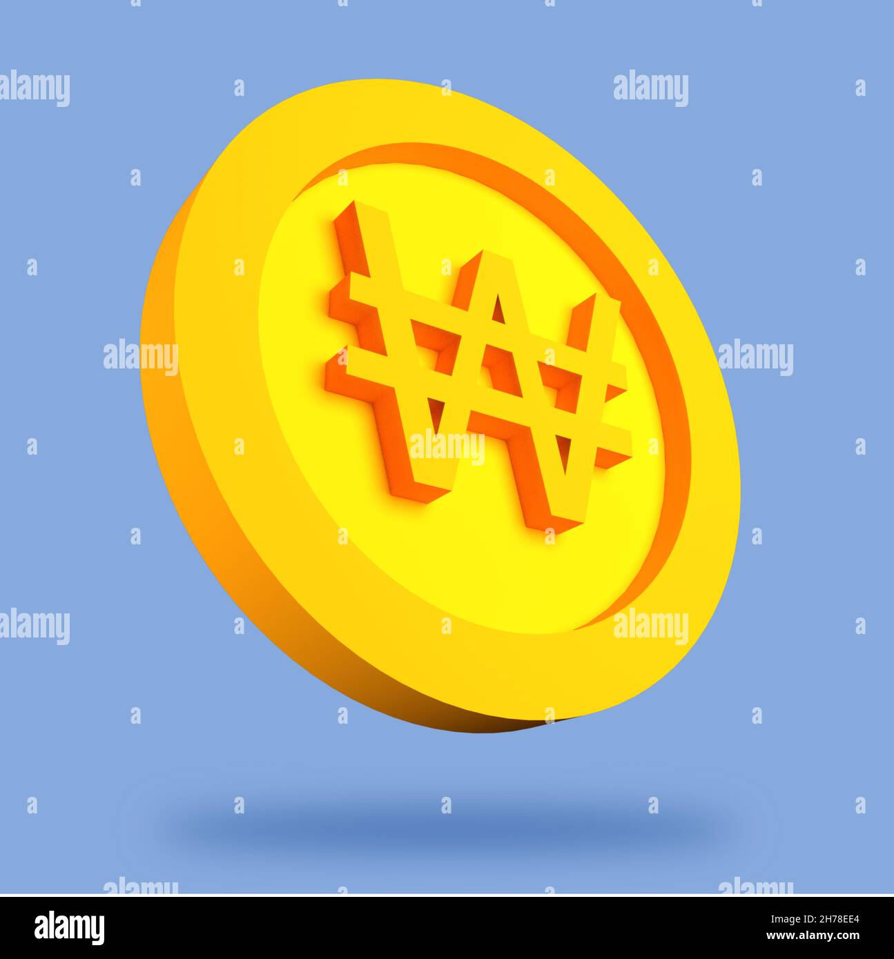 A 3d golden penny with Korean won signs on it on a light blue ...