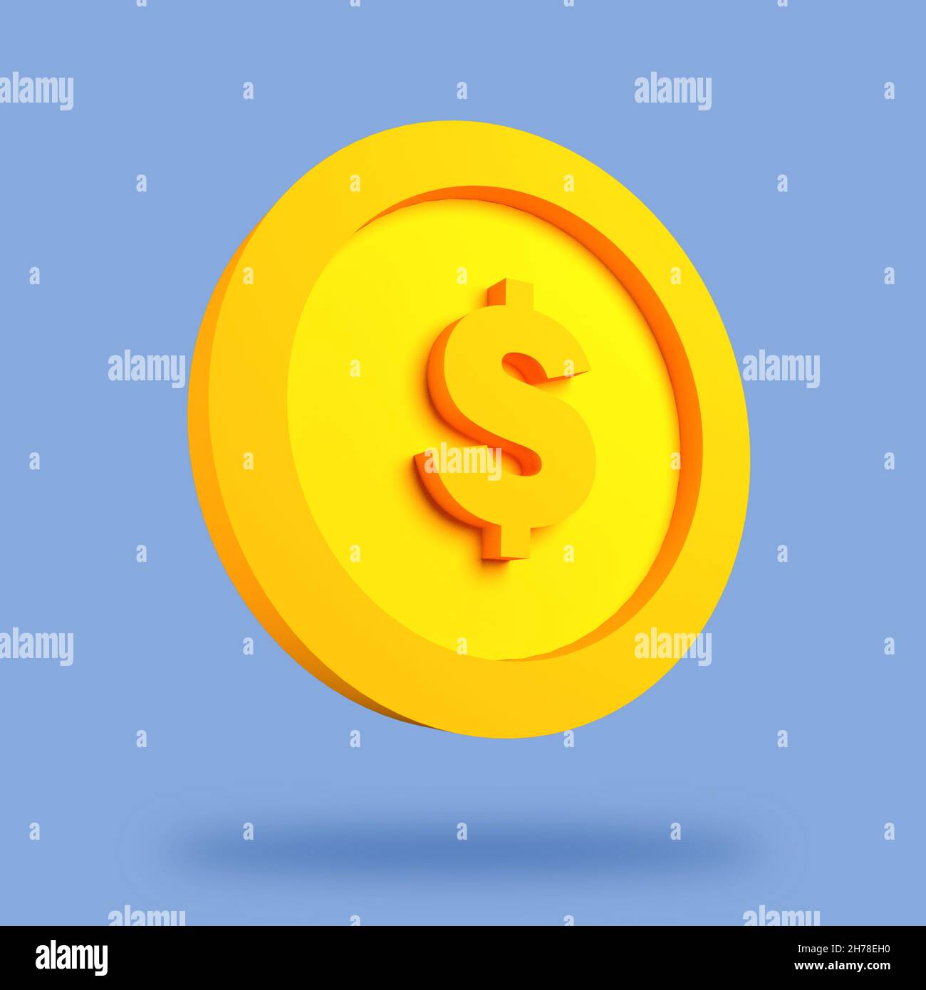 A 3d golden penny with American dollar signs on it on a light blue ...