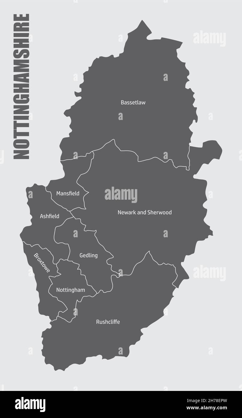 The Nottinghamshire county administrative map, England. Isolated map ...