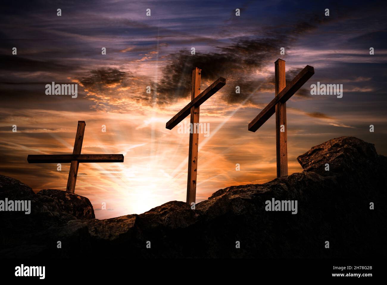 Three Crosses On A Hill At Sunset