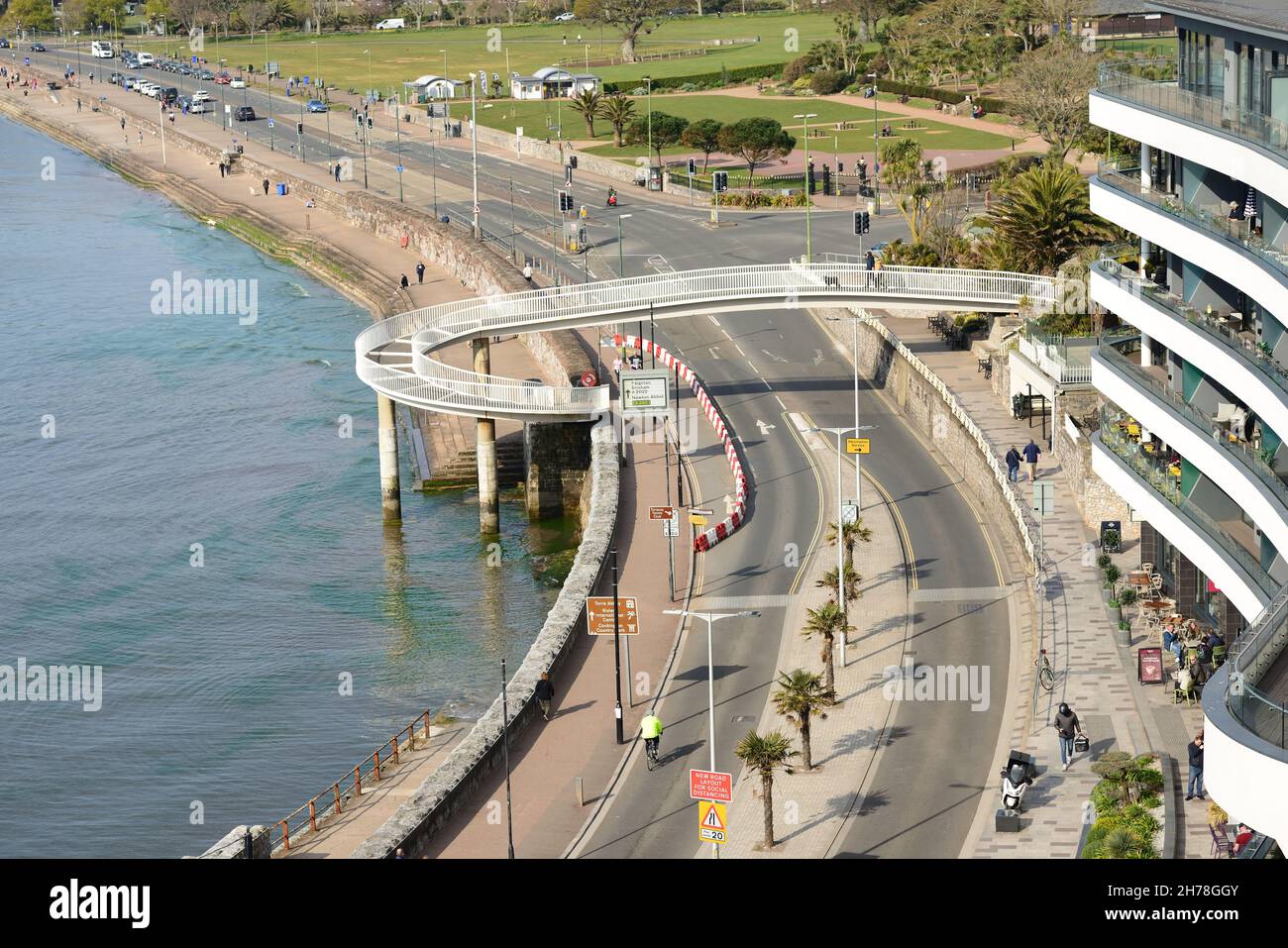 Spiral footbridge across the seafront road at Torquay, South Devon ...