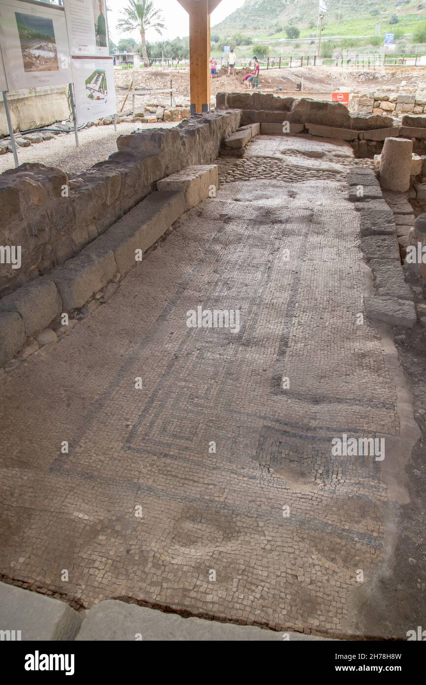 Mosaic floor in the ancient synagogue at the ruins of the ancient ...