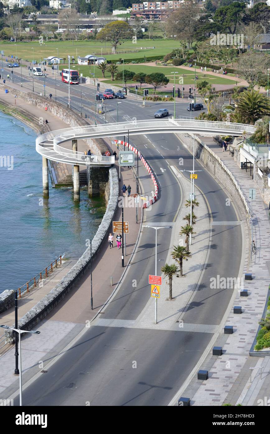 Spiral footbridge across the seafront road at Torquay, South Devon ...