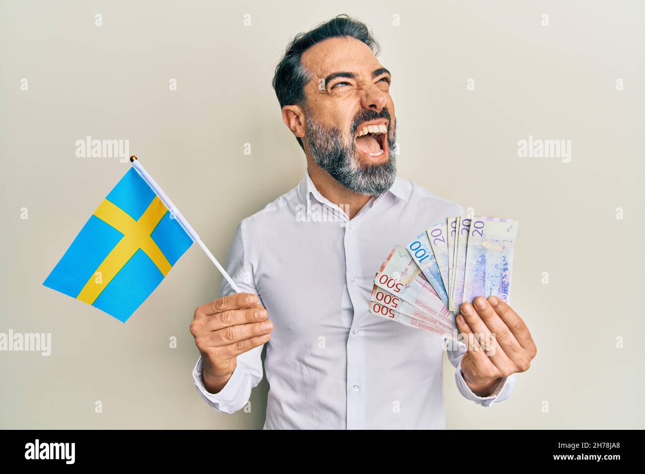 Middle age man with beard and grey hair holding sweden flag and krone ...