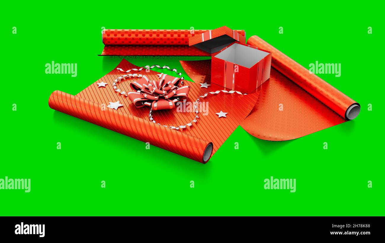 red present wrapping paper and surprise gift box on green screen ...