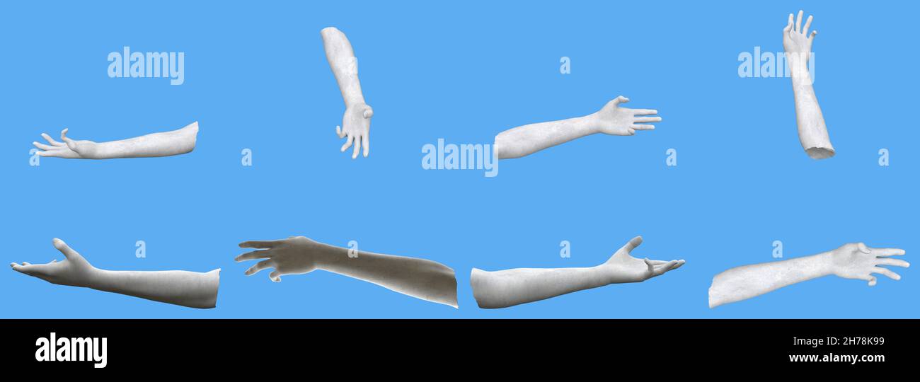 Set of grey concrete statue hand renders isolated on blue, lights and ...