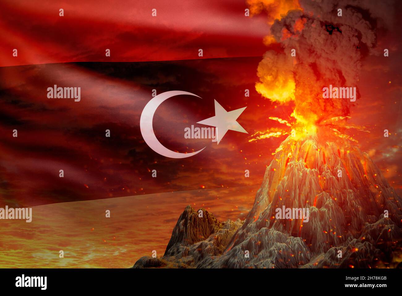 conical volcano eruption at night with explosion on Libya flag ...