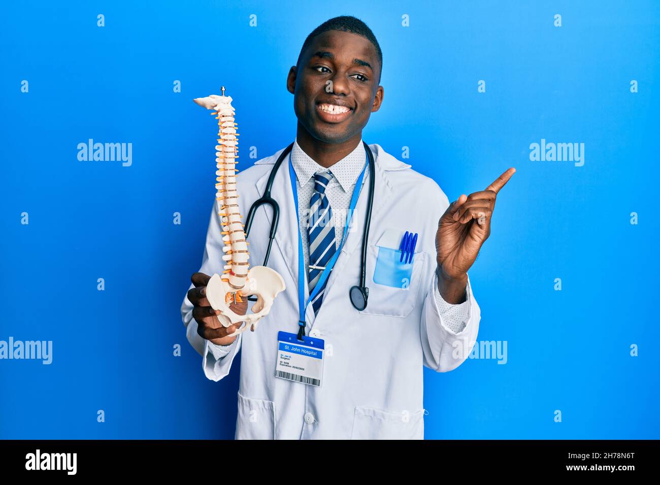 Young african american doctor man holding anatomical model of spinal ...