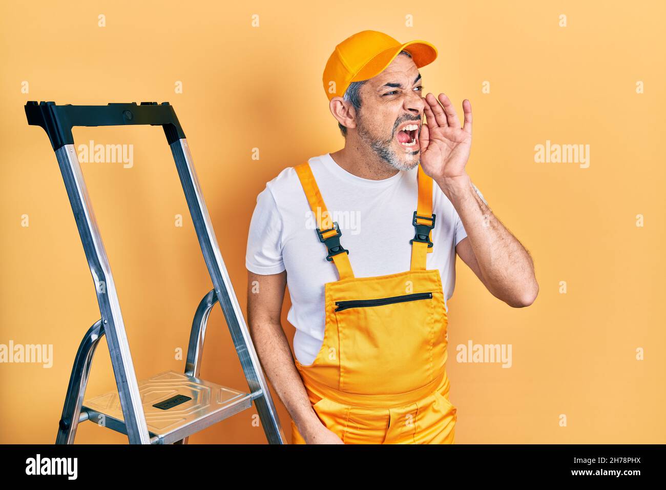 Handsome middle age man with grey hair holding ladder shouting and ...