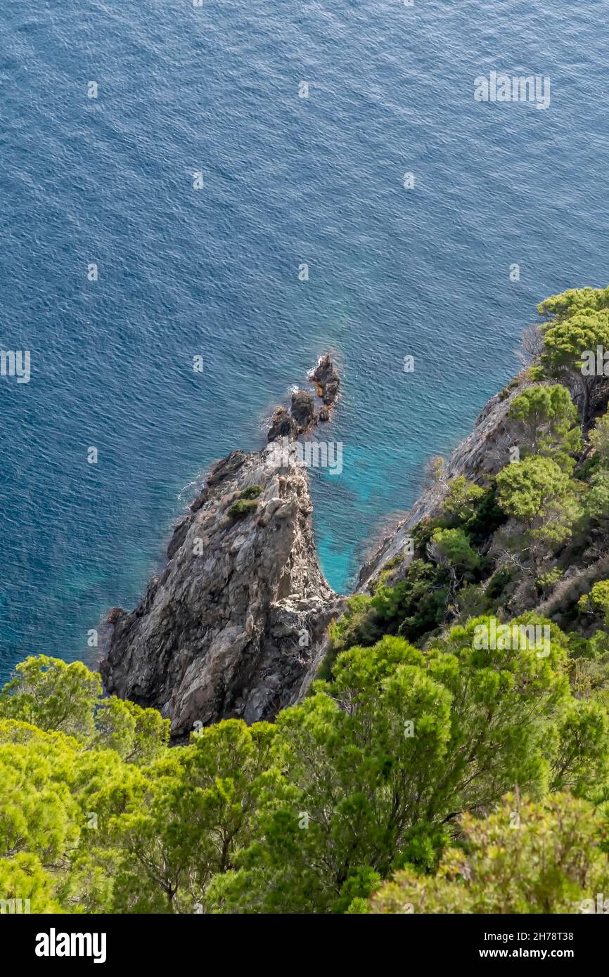 Top view of a rocky cove on the island of Gorgona, Italy Stock Photo ...