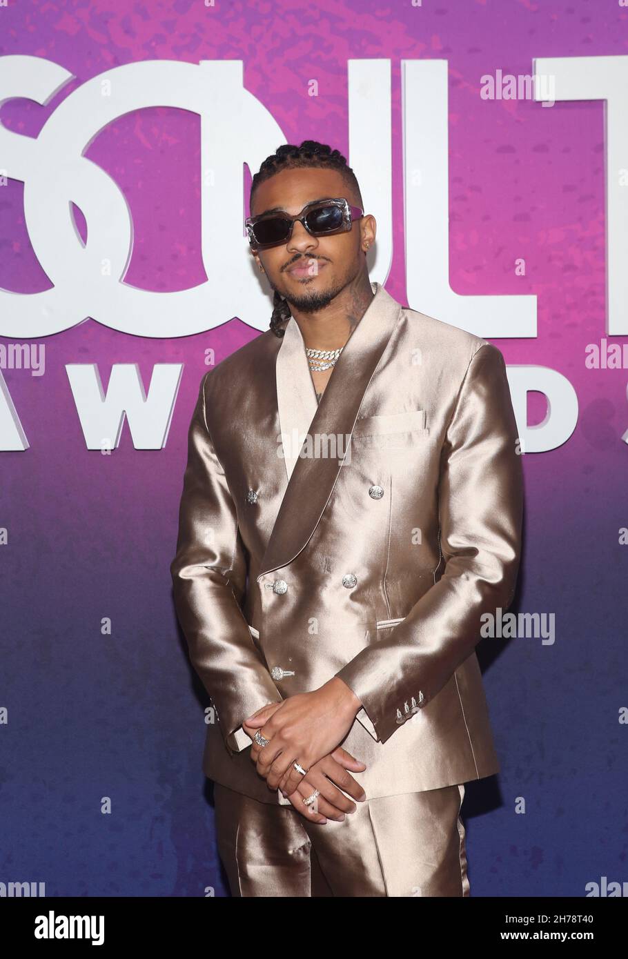 Tone Stith attends the 2021 SOUL TRAIN AWARDS arrivals red carpet at ...