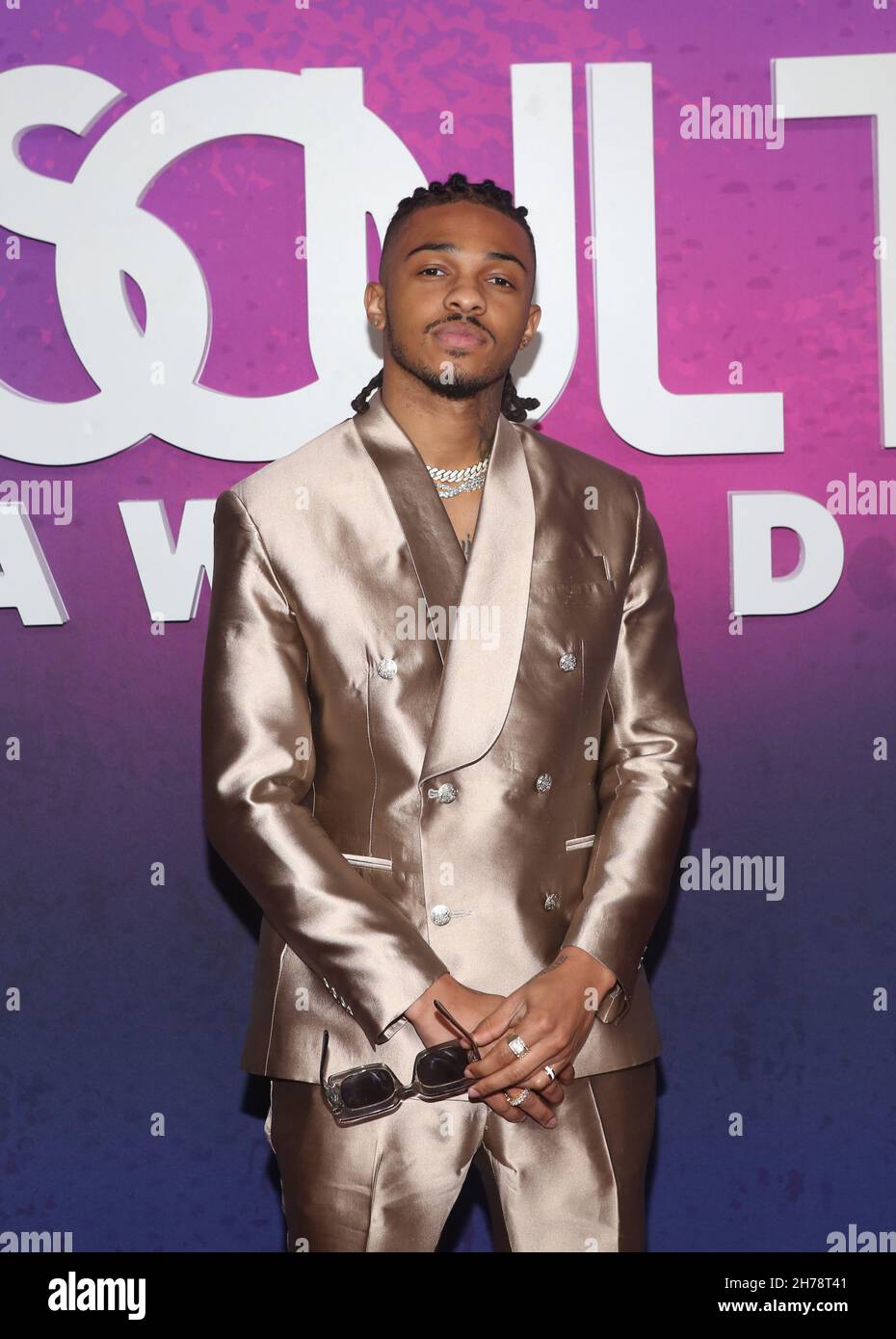 Tone Stith attends the 2021 SOUL TRAIN AWARDS arrivals red carpet at ...