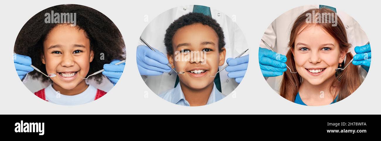 Children's dentistry. Group of kids of different nationalities with a ...