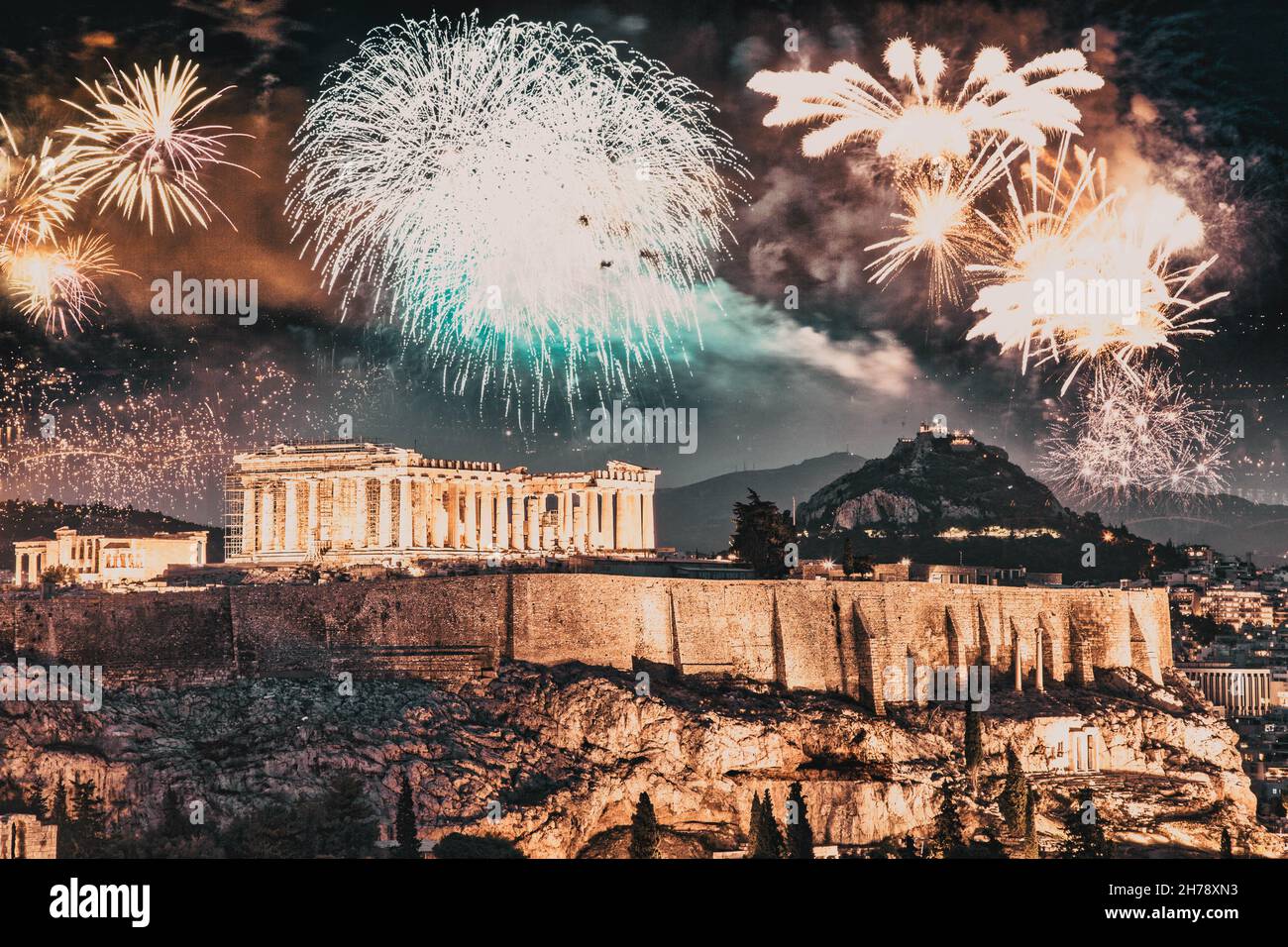 fireworks over Athens, Acropolis and the Parthenon, Attica, Greece ...