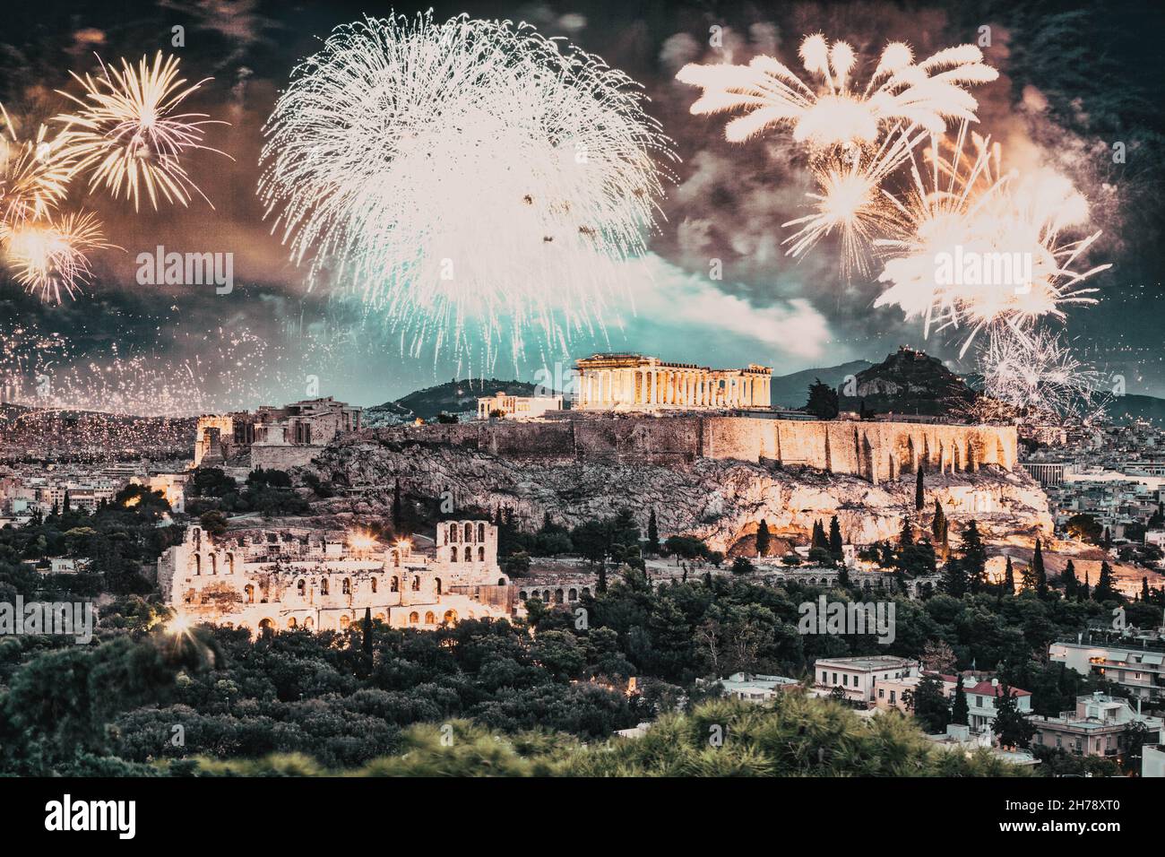 fireworks over Athens, Acropolis and the Parthenon, Attica, Greece ...