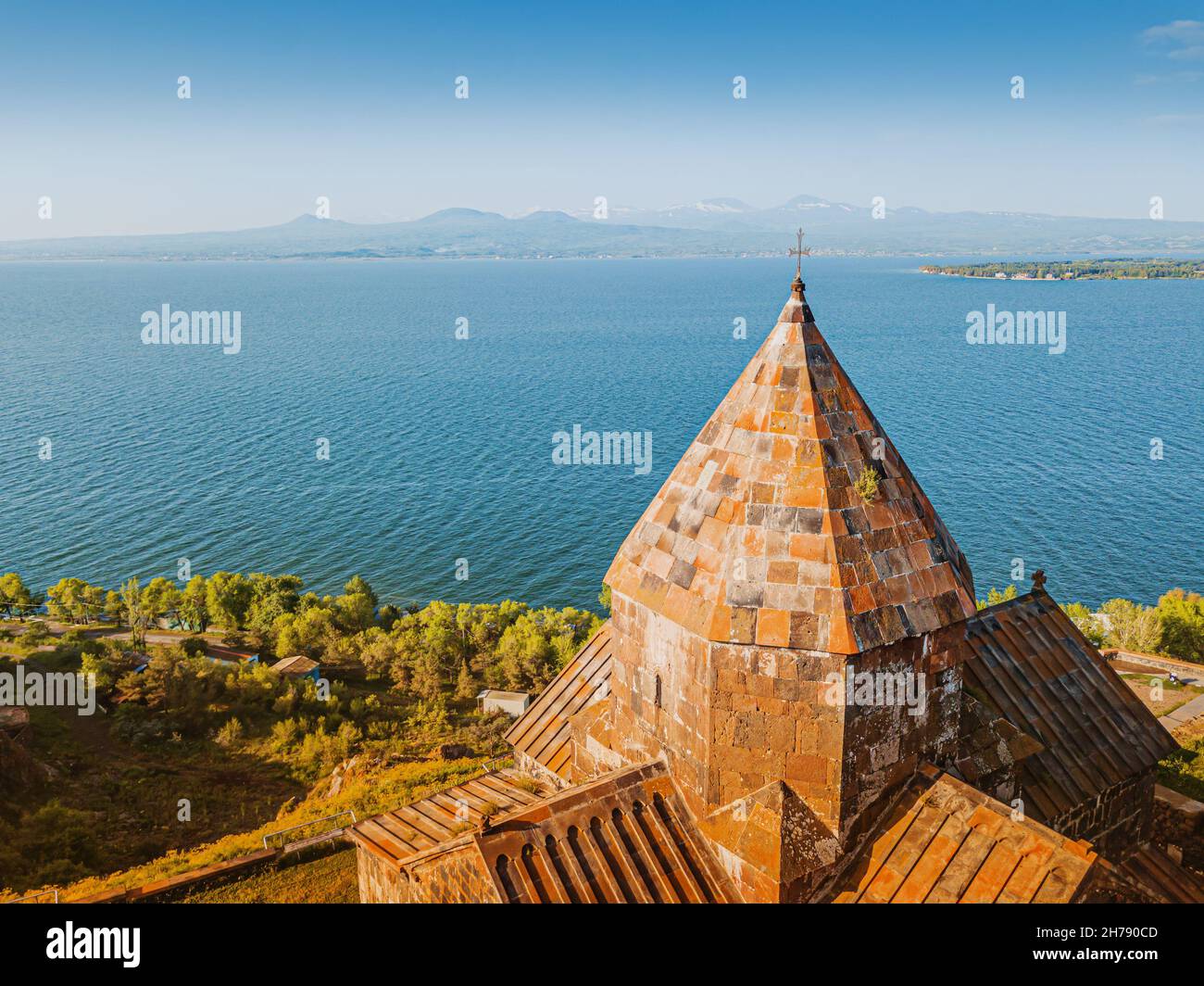 Air top view of Sevanavank Monastery and chapel and famous Sevan lake ...