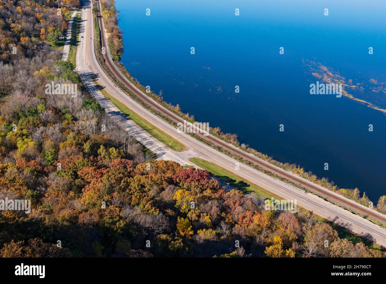 aerial of great river road or highway 61 along banks of mississippi ...
