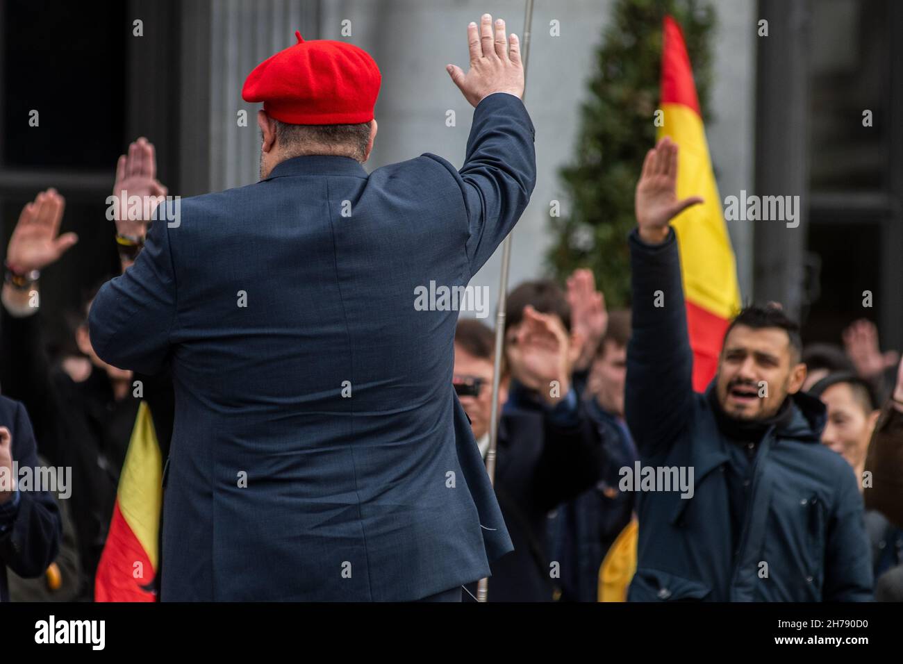 Madrid, Spain. 21st Nov, 2021. People raising their hand making a ...
