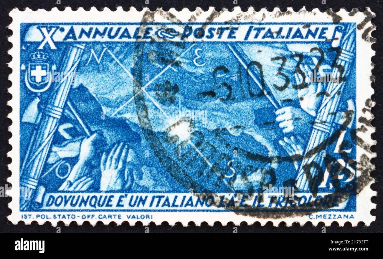 ITALY - CIRCA 1932: a stamp printed in the Italy shows Italian Flag ...