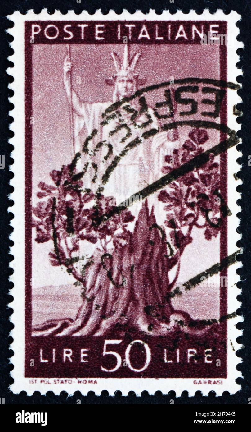 ITALY - CIRCA 1945: a stamp printed in the Italy shows Italia and ...