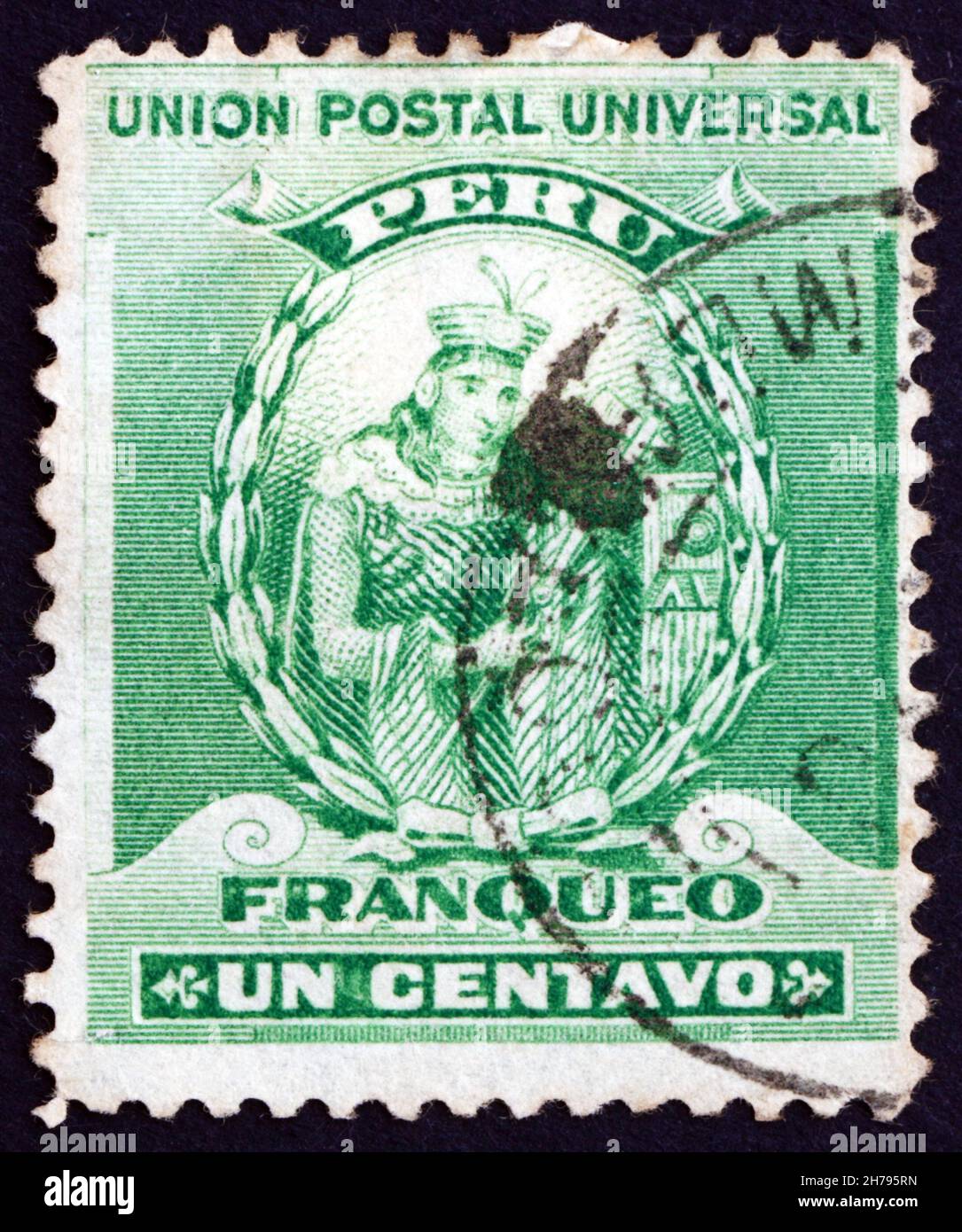 PERU - CIRCA 1898: a stamp printed in the Peru shows Manco Capac ...