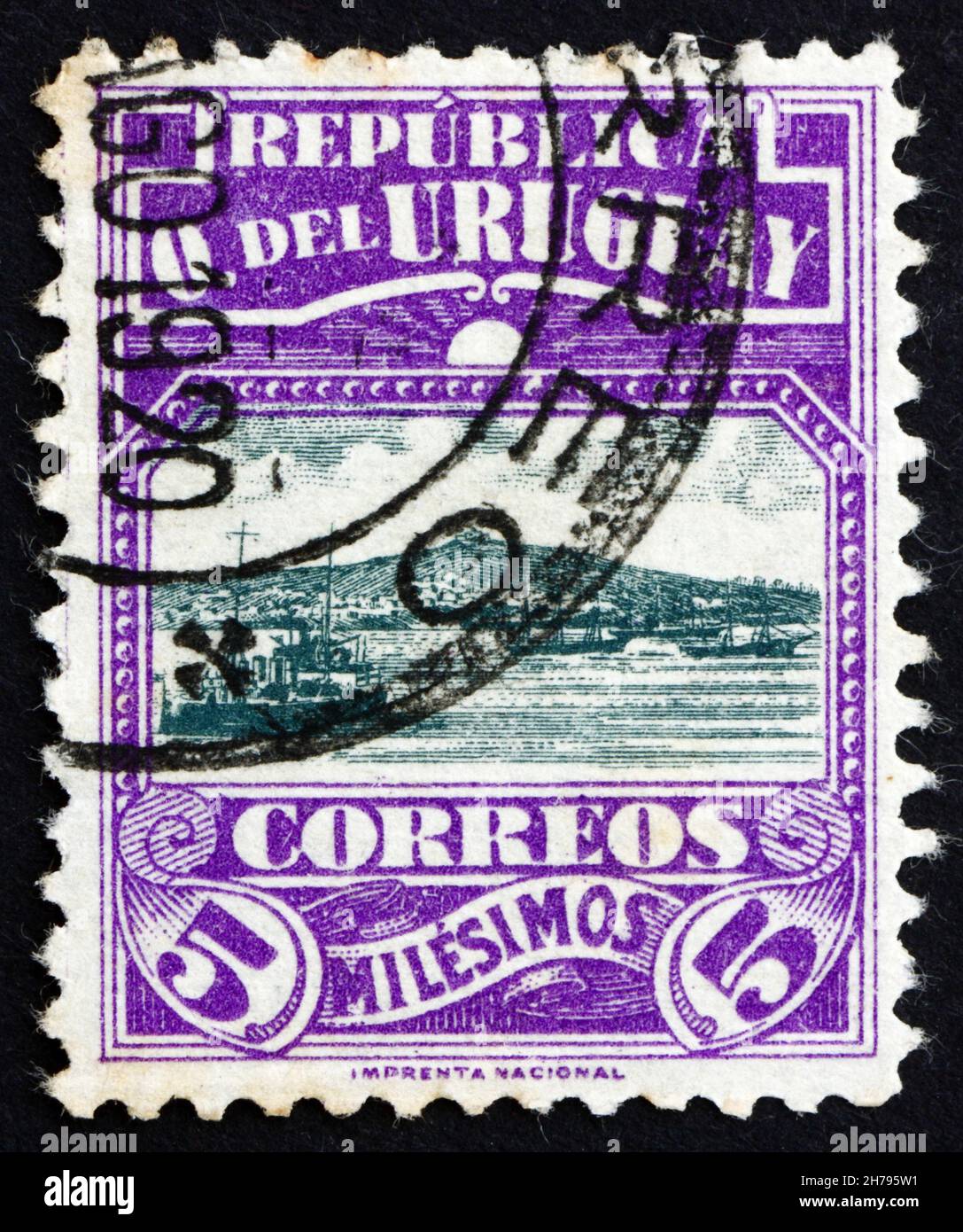 URUGUAY - CIRCA 1919: a stamp printed in the Uruguay shows Harbor of ...