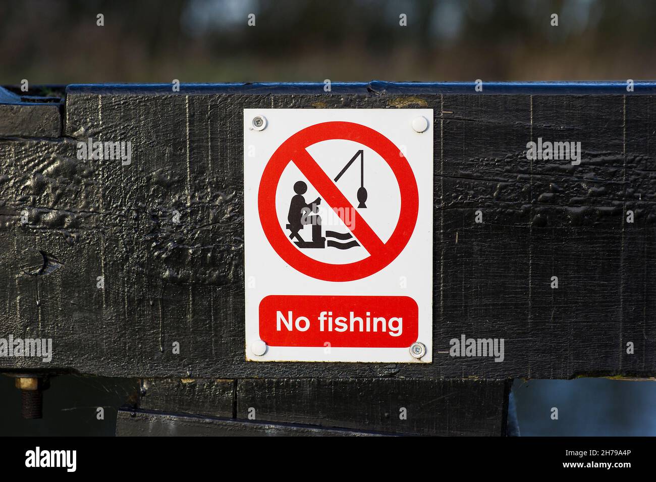 No Fishing sign fastened to a wooden fence Stock Photo - Alamy