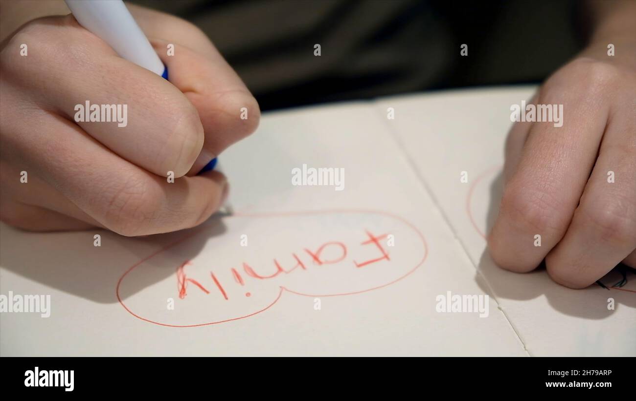 Children's notes with hearts in notebook. Concept. Close-up of children ...