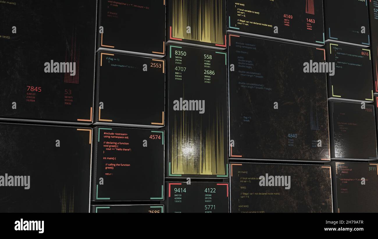 Moving panels with digital data. Animation. 3D steel panels with ...