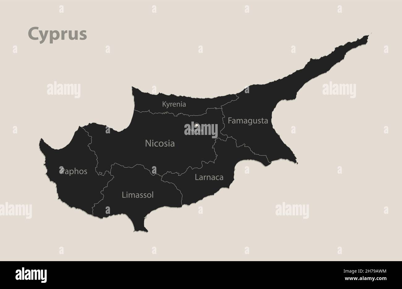 Black map of Cyprus with names of regions, design blackboard vector ...