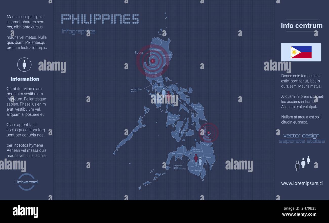 Philippines map, separate regions with names, infographics blue flat ...