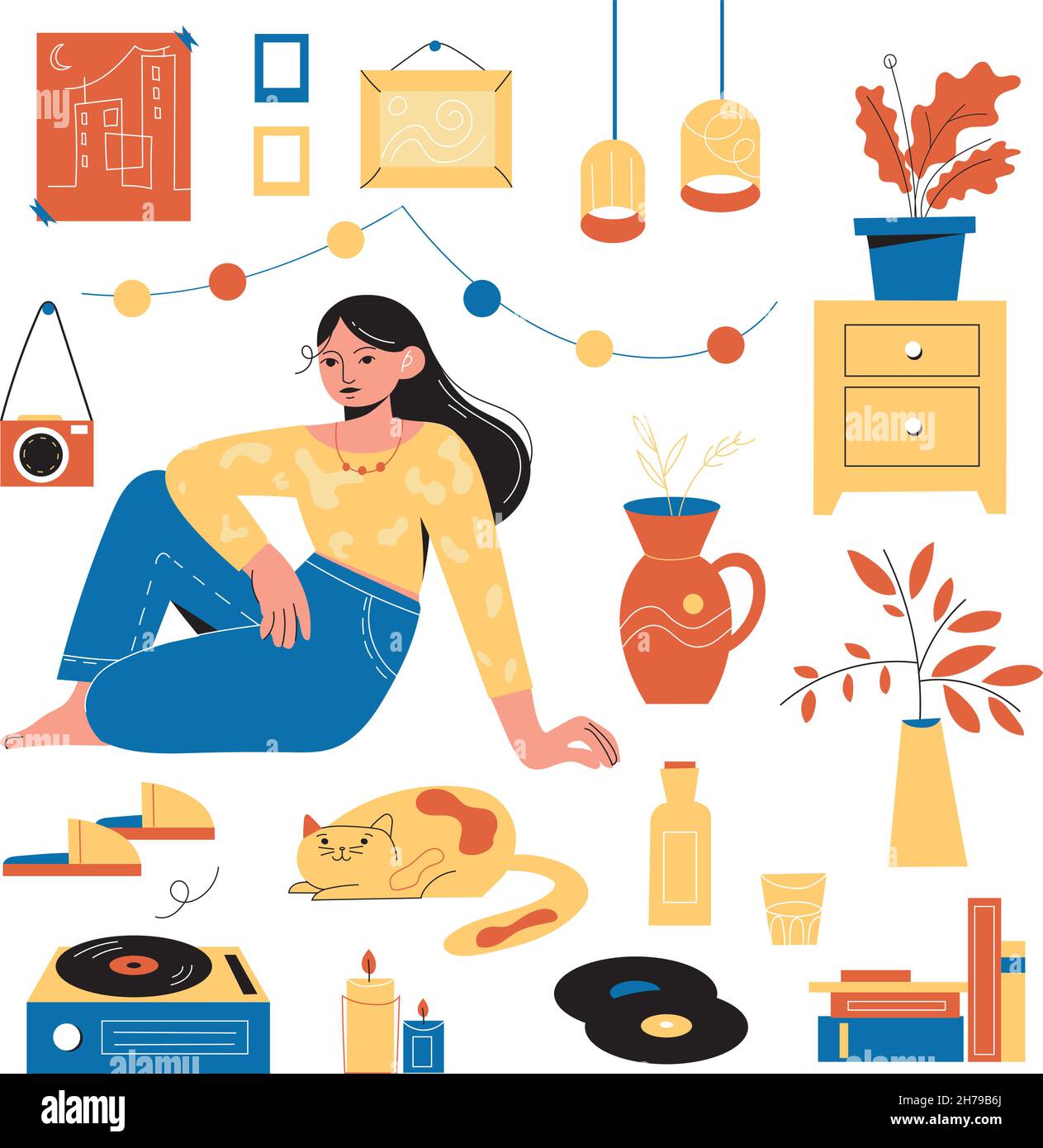 Relaxing home weekend. Girl with cozy things, lazy weekend, young woman ...