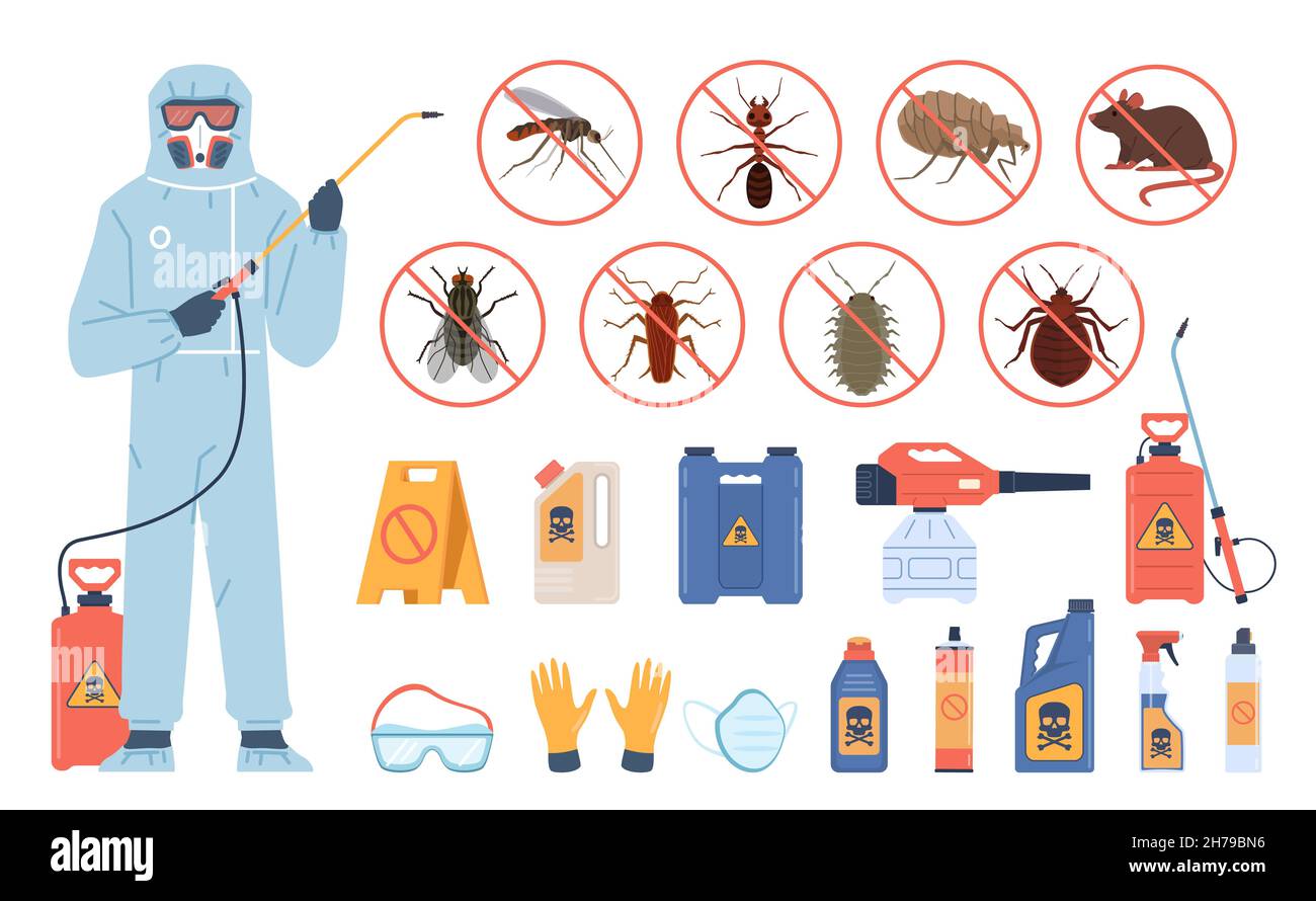 Disinfection service. Man in uniform. Antiparasitic chemicals. Insect ...