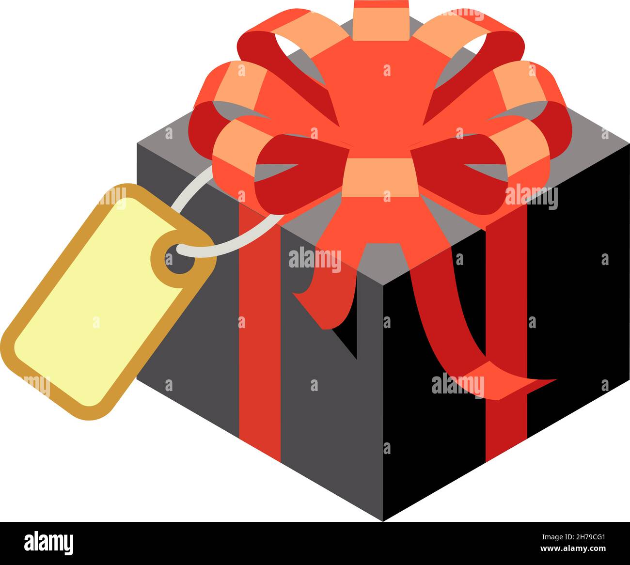 Present box icon. Labeled gift with red bow in cartoon isometric style ...