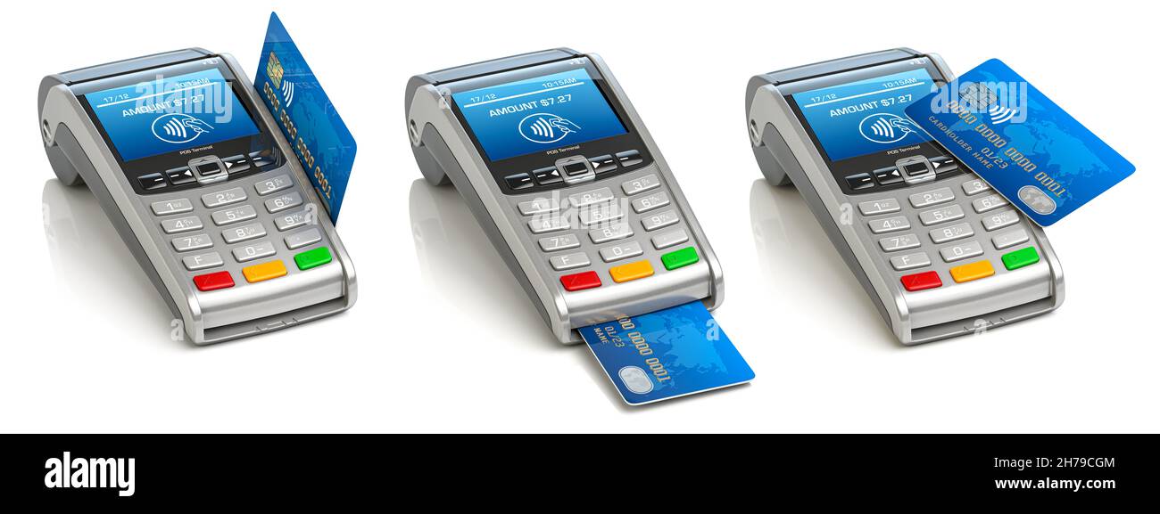 POS terminal with credit card with different types of using isolated on ...