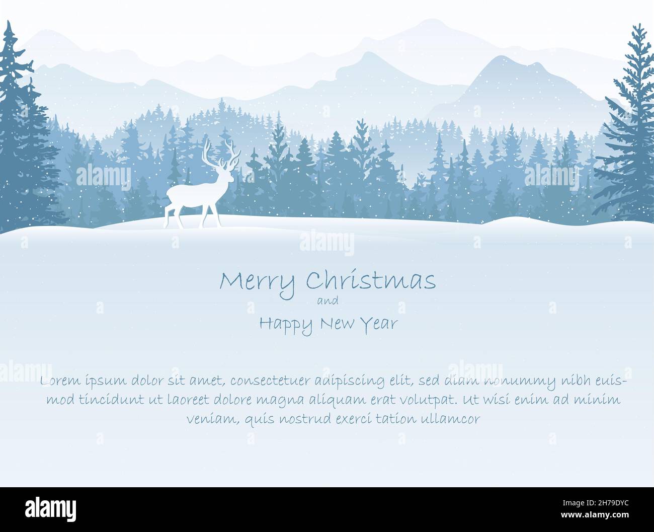 Winter landscape Christmas card. Deer in snow, forest and mountains in ...