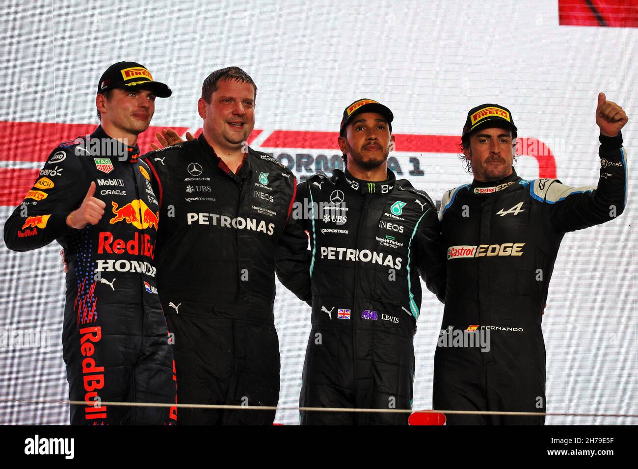 Doha, Qatar. 21st Nov, 2021. The podium (L to R): Max Verstappen (NLD ...